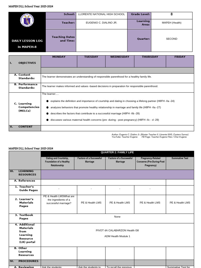 Q2 DLL MAPEH 8 - Health 1 | PDF