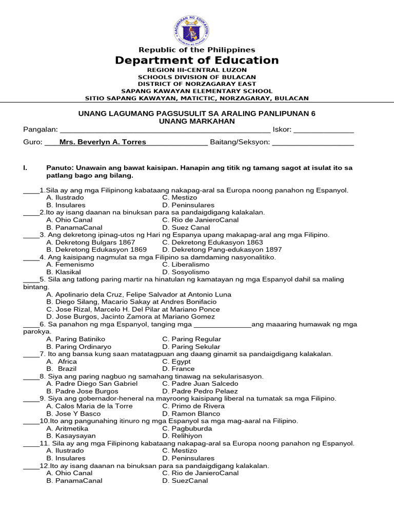1st Summative 1st Quarter Grade 6 AP | PDF