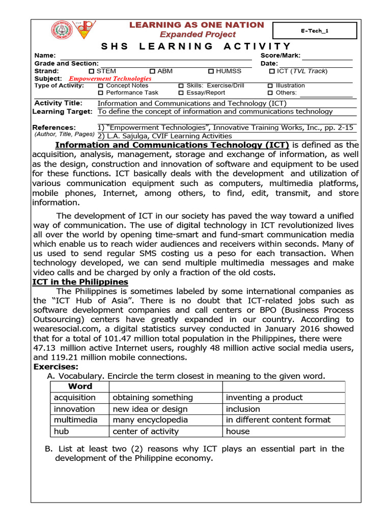 ETech LAS 1 Information and Communications Technology (ICT) | PDF