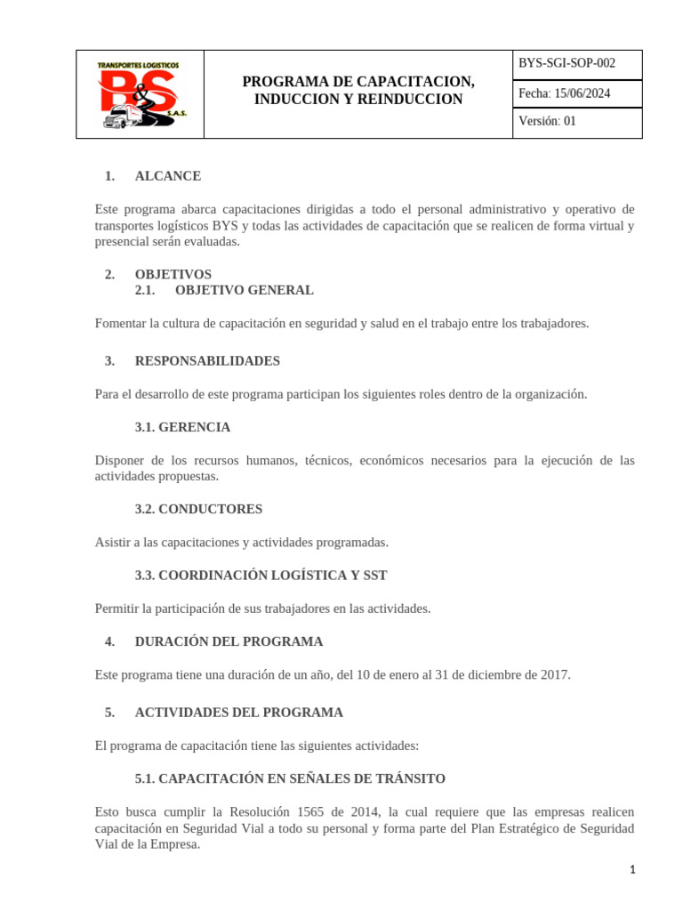 Programa de Capacitacion, Induccion y Re Induccion | PDF