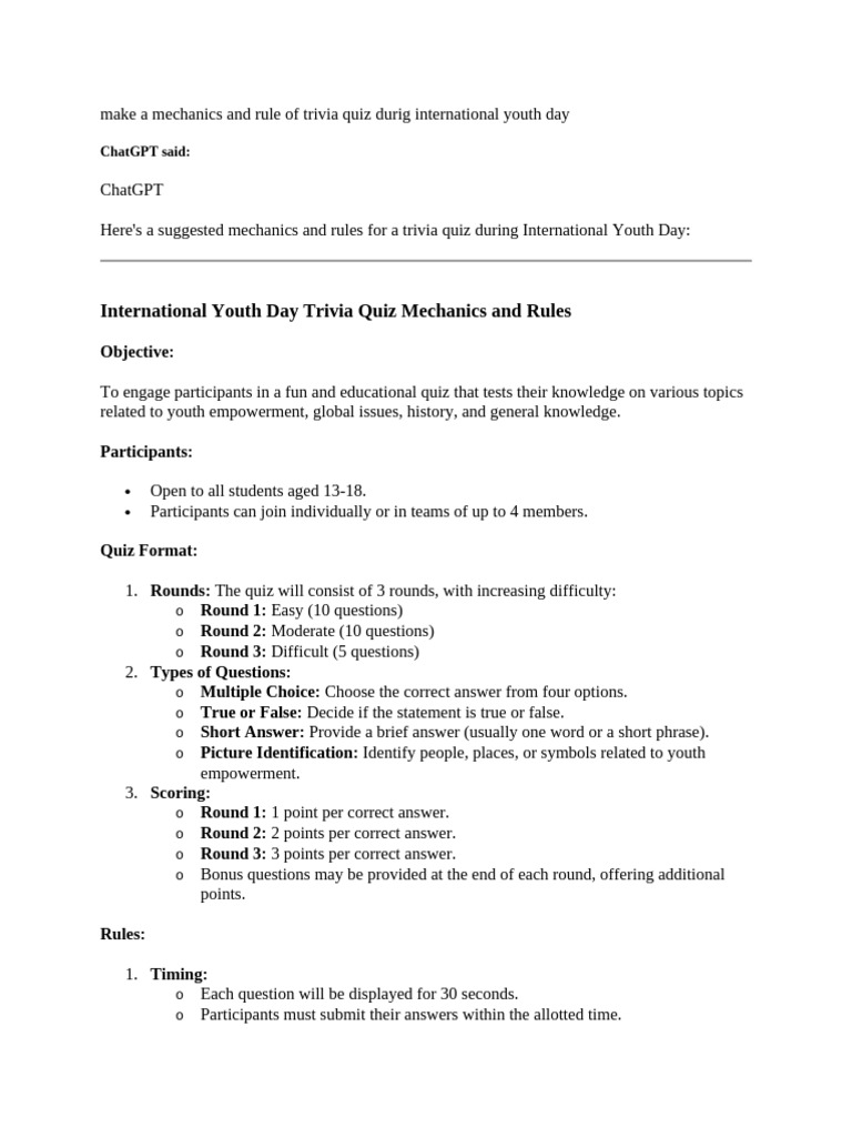 Make A Mechanics and Rule of Trivia Quiz Durig International Youth Day ...