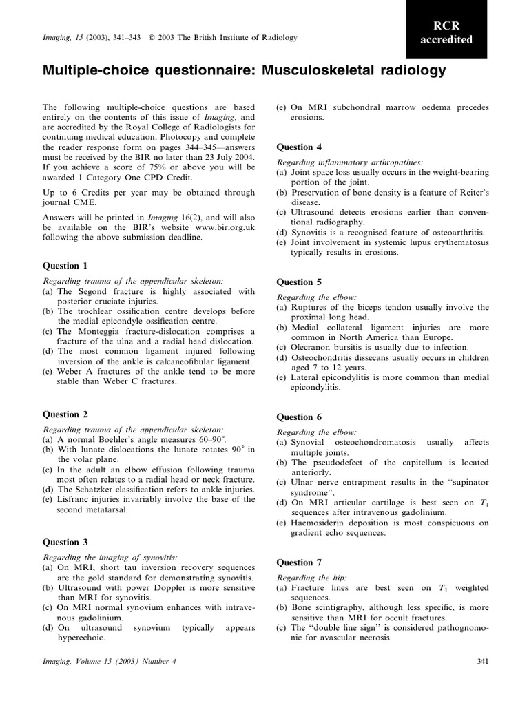 2014 Multiple Choice Questionnaire Musculoskeletal Radiology | PDF