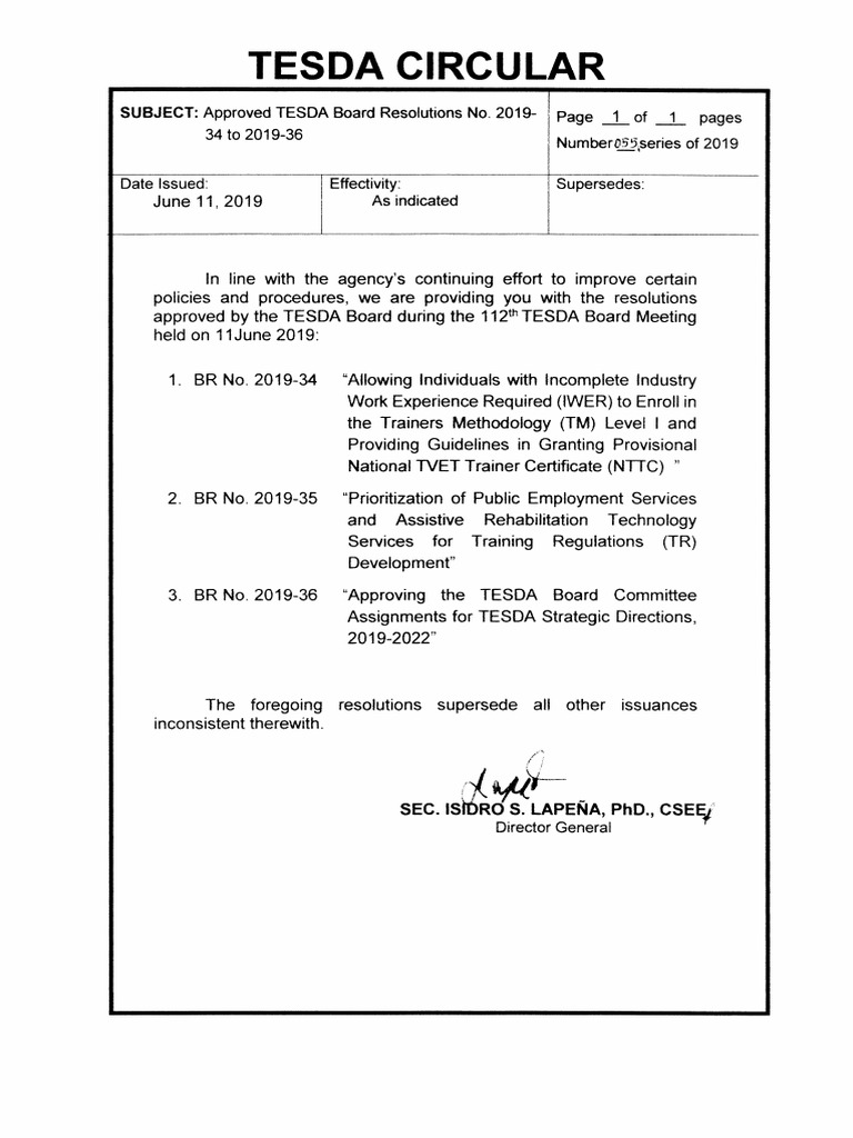 TESDA Circular No. 055-2019 | PDF