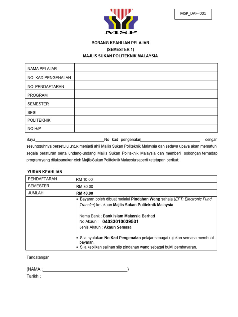 Borang MSP Sesi I 2024 2025 - Pelajar Baharu | PDF