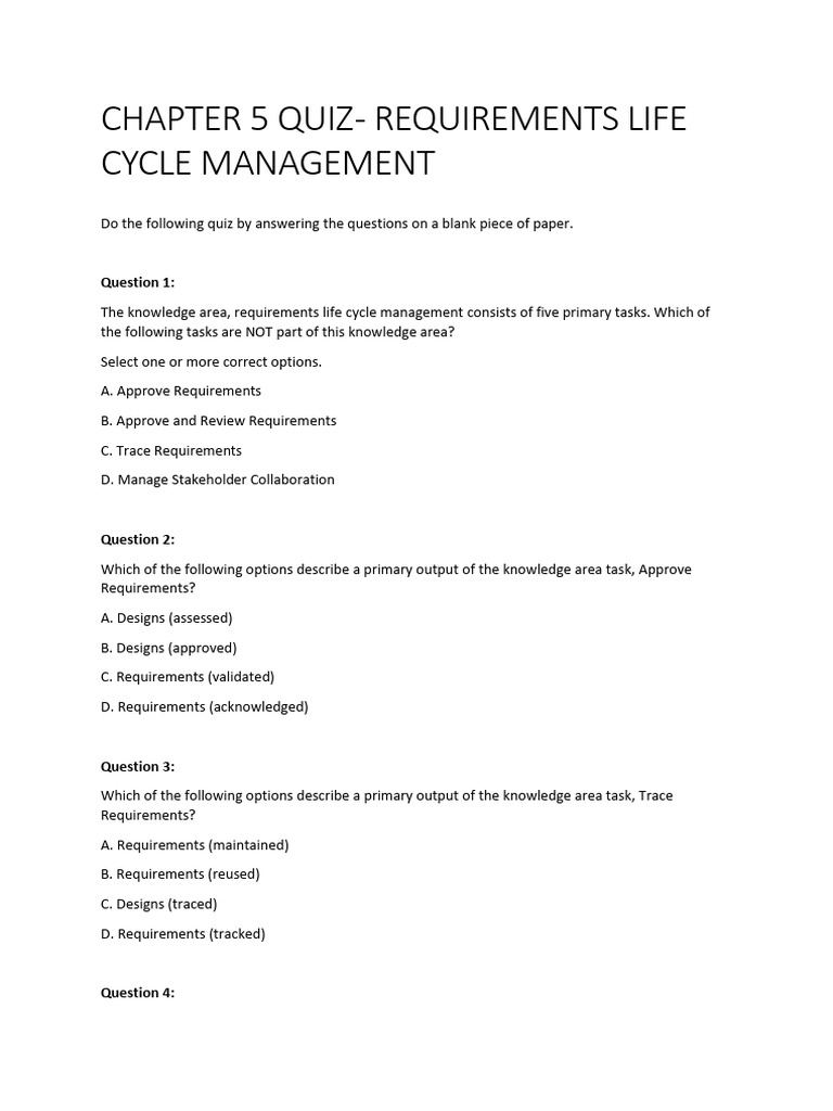 Chapter 5 Quiz - Requirements Life Cycle Management | PDF