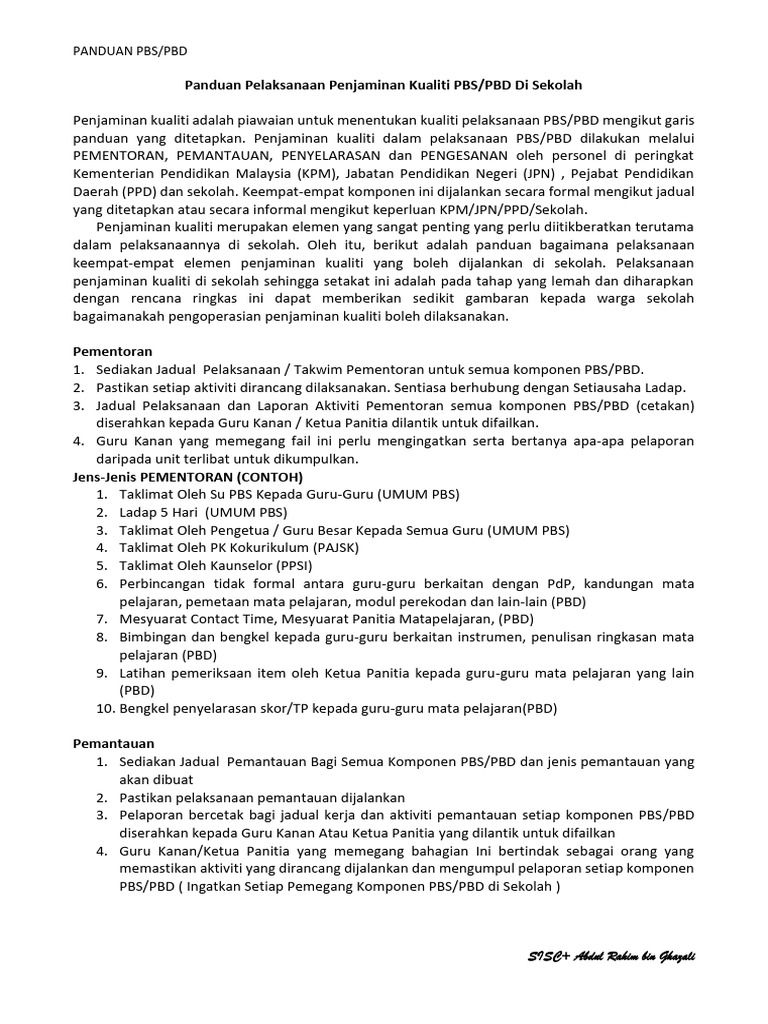 Nota Panduan Pelaksanaan Penjaminan Kualiti PBS | PDF