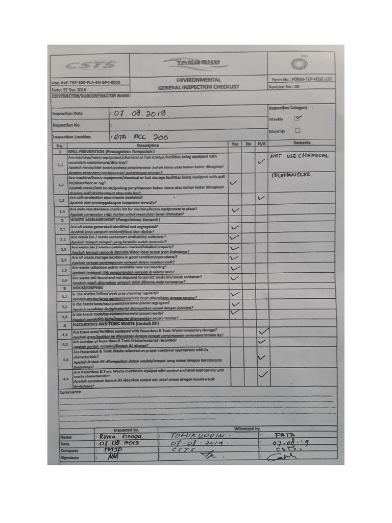 Enviromental General Inspection Checklist | PDF
