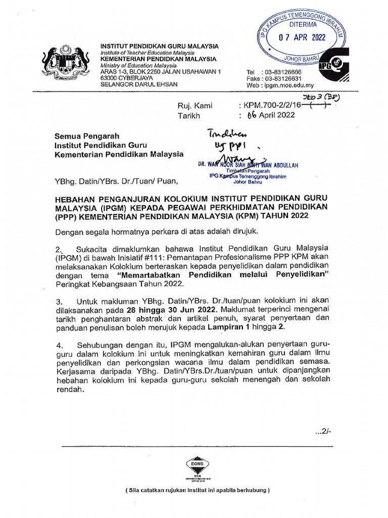 Penganjuran Kolokium IPGM Kepada PPP KPM Tahun 2022 | PDF
