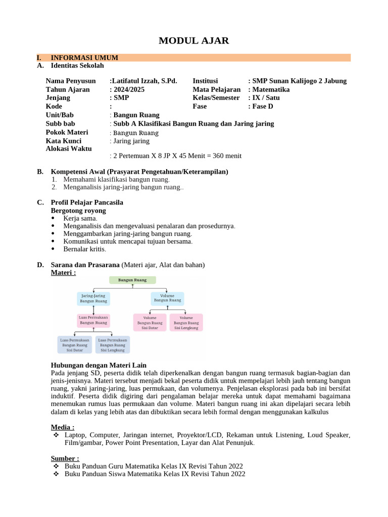 Modul Ajar Bangun Ruang Kelas 9 | PDF