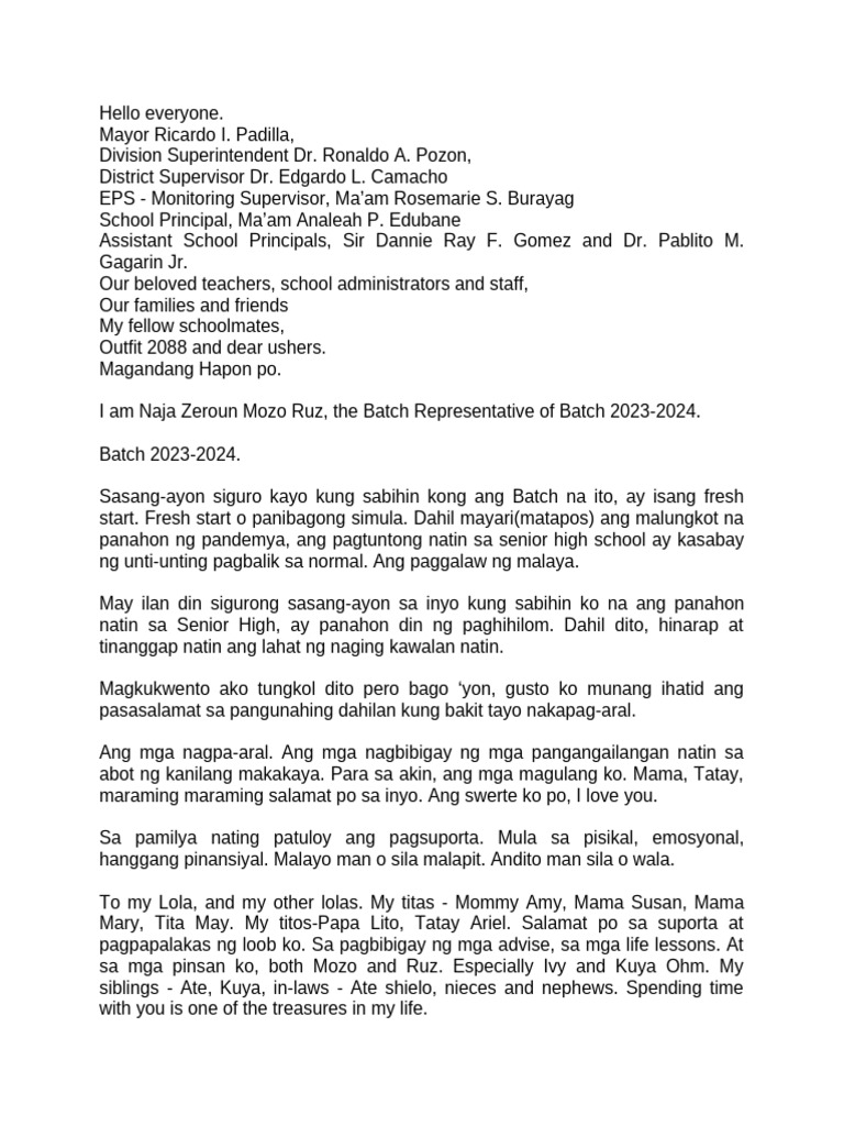 Theme Appreciation Speech As Batch Representative | PDF