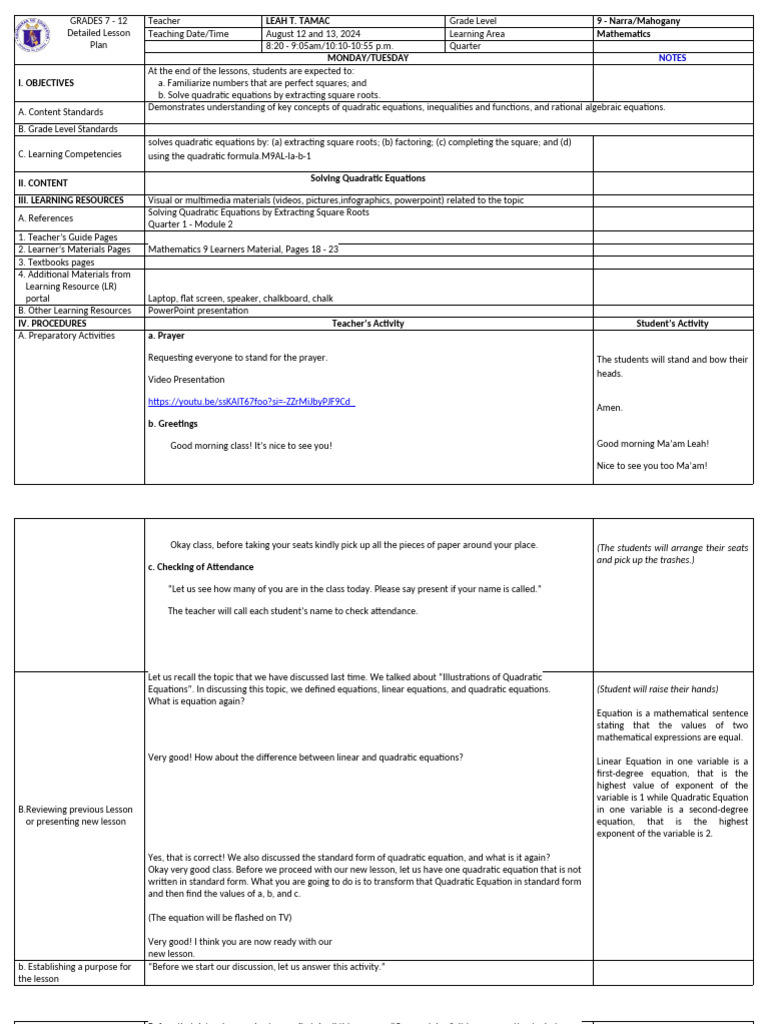 GRADES 9 Quadratic Equations | PDF