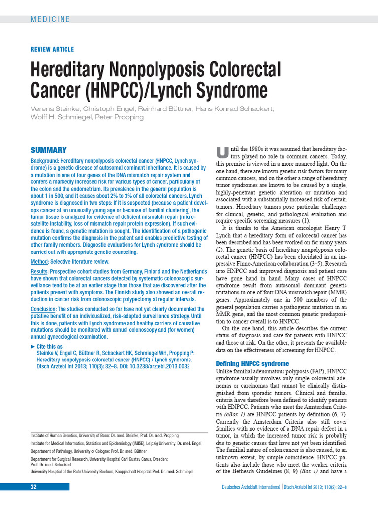 Hereditary Nonpolyposis Colorectal Cancer (HNPCC) :lynch Syndrome | PDF