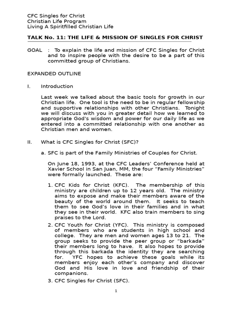 Life & Mission of CFC Singles for Christ | PDF | Theology | Religious ...