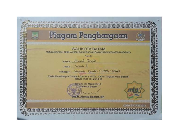 Piagam MTQ Kota Batam | PDF