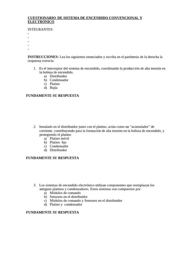 CUESTIONARIO DEL SISTEMA DE ENCENDIDO Jose Manuel Cibertec | PDF