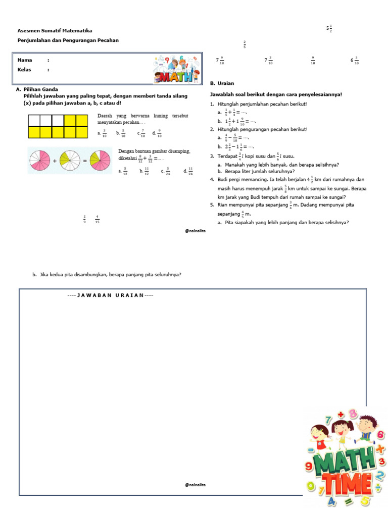 Asesmen Sumatif Matematika Penjumlahan Pengurangan Pecahan (Watermark) | PDF