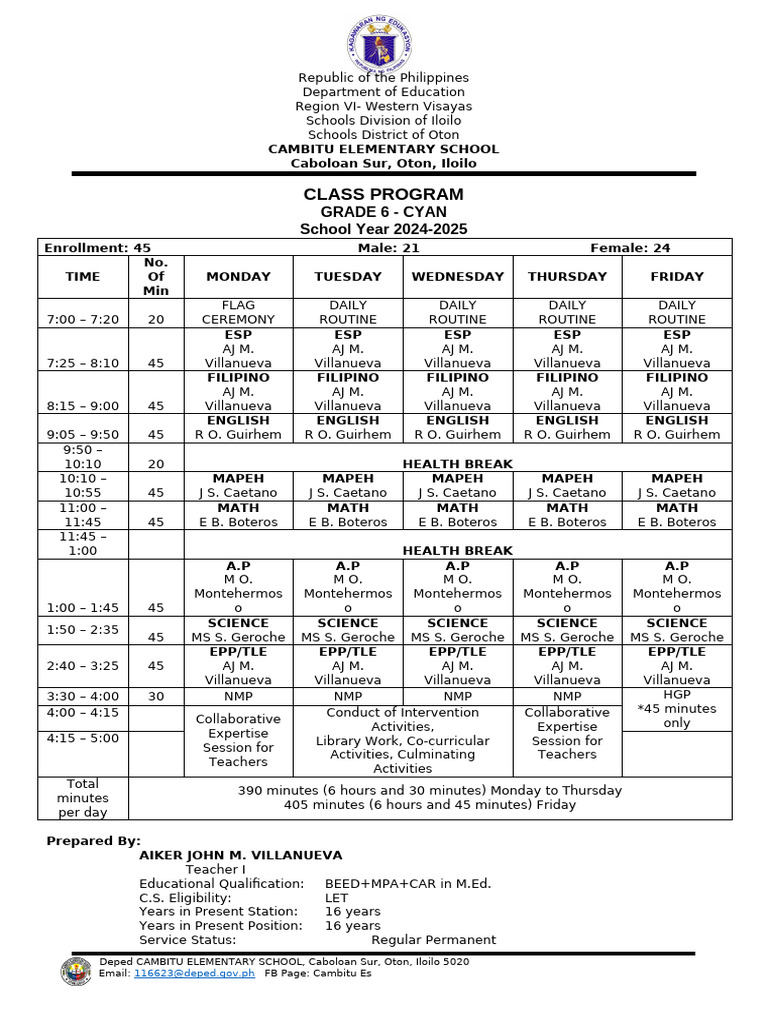 Class Program Matatag 2024-2025 | PDF | Public Administration | Government