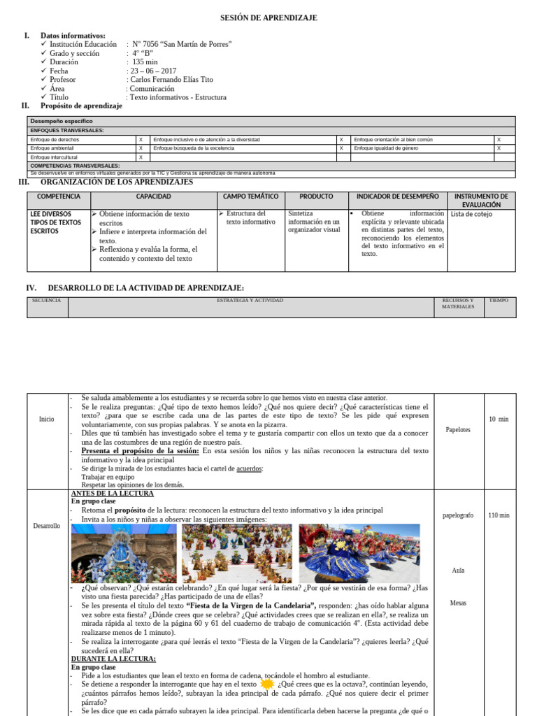 SESIÓN DE APRENDIZAJ2 - Estructura Del Texto Informativo | PDF