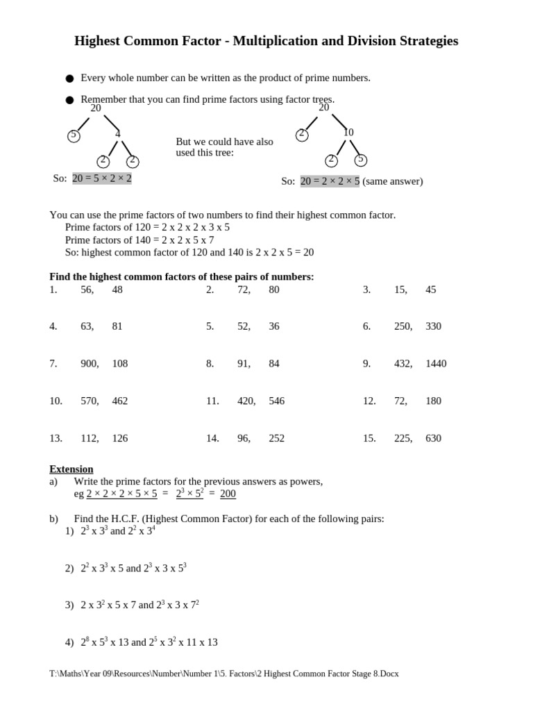2 Highest Common Factor Stage 8 | PDF