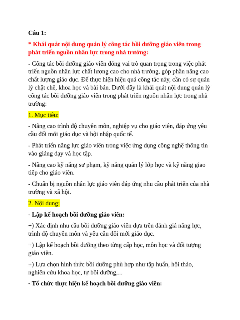 Câu 1 Khái quát nội dung qly công tác bồi dưỡng gvien trong phát triển ...