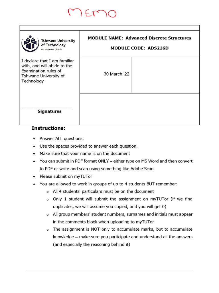 ADS216D Assignment1 MEMO | PDF