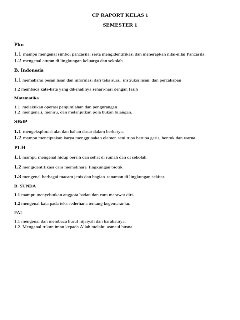 CP RAPORT KELAS 1 | PDF