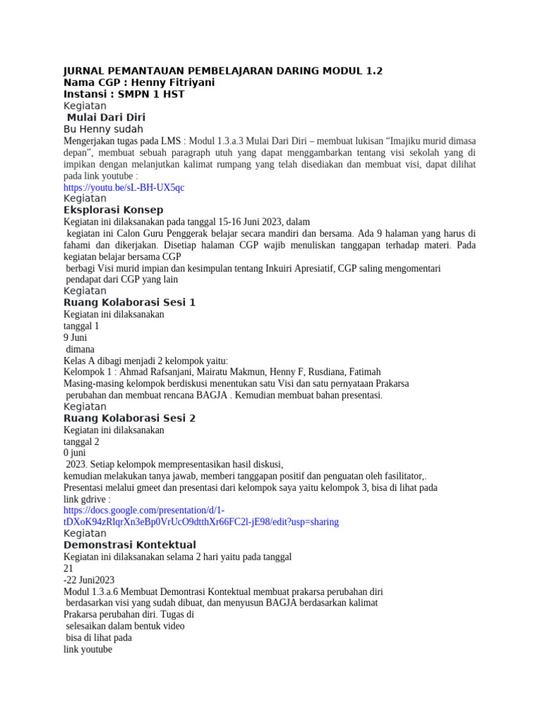 Jurnal Pemantauan Pembelajaran Daring Modul 1 | PDF