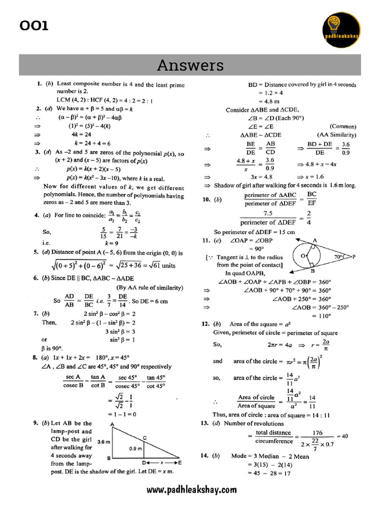 Sample Paper Solutions Math 001 002 003 Compressed | PDF