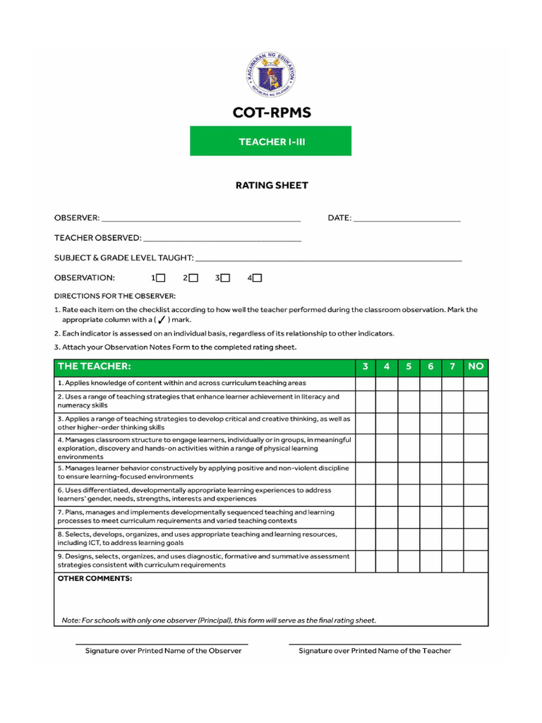 COT FORMS (Pre-Observation, Rating Sheet, Observation Notes) | PDF
