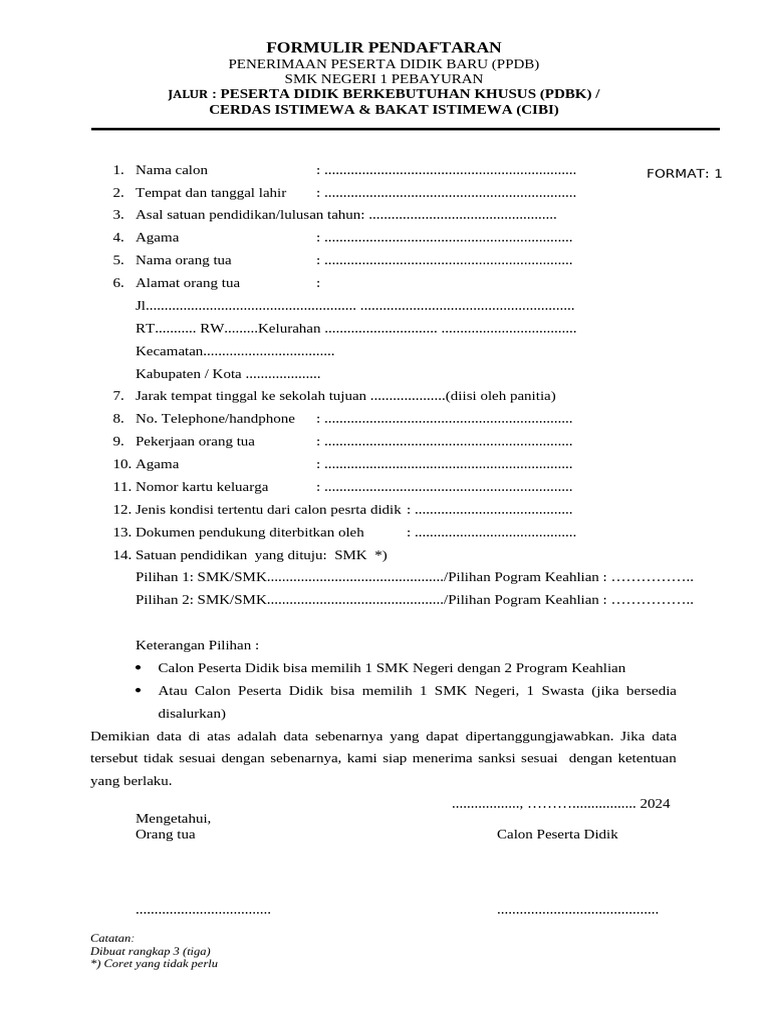 Formulir Pendaftaran - Pdbk-Cibi | PDF