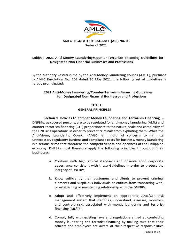 AMLC Regulatory Issuance AMLCTF Guidelines For DNFBPs | PDF ...
