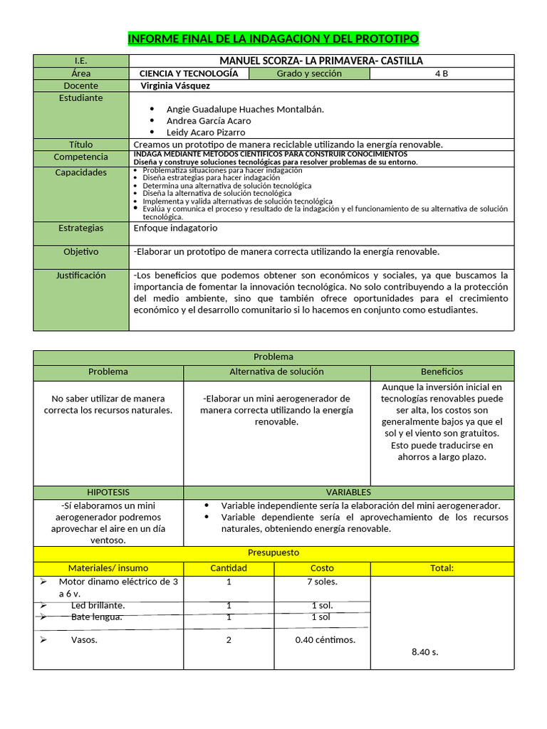 Esquema Del Informe Final Del Prototipo | PDF