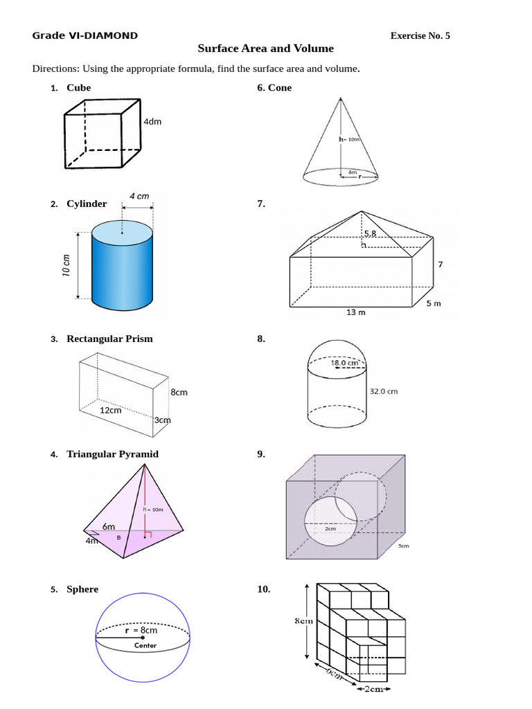 Surface Area and Volume Exercise | PDF
