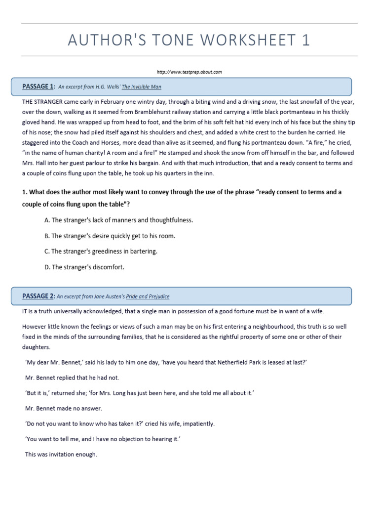 Authors Tone 1 Worksheet | PDF