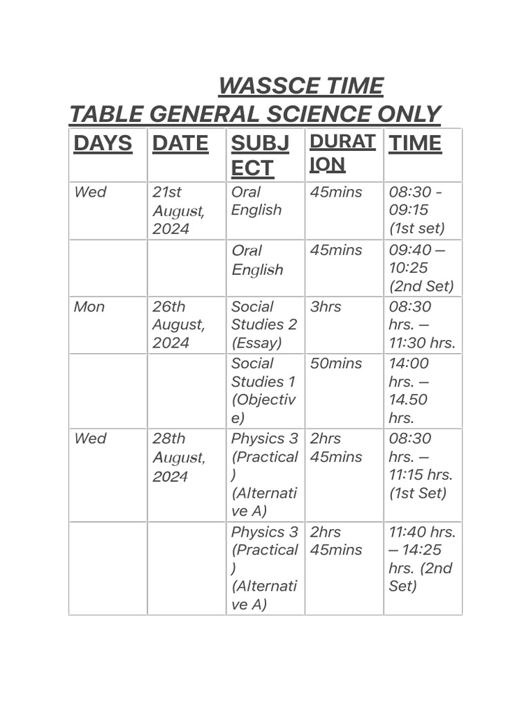 Wassce Time Table General Science Only-1 | PDF