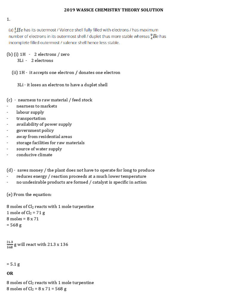 2019 Wassce Chemistry Theory Solution | PDF