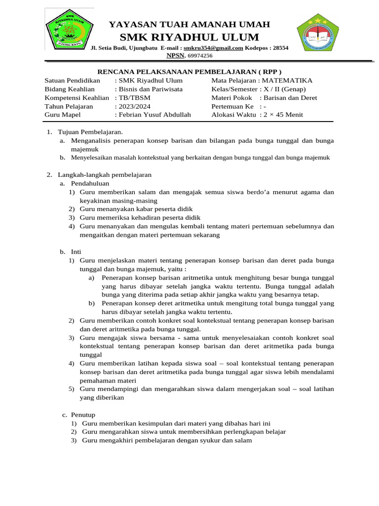 RPP MTK X Bab Barisan & Deret | PDF