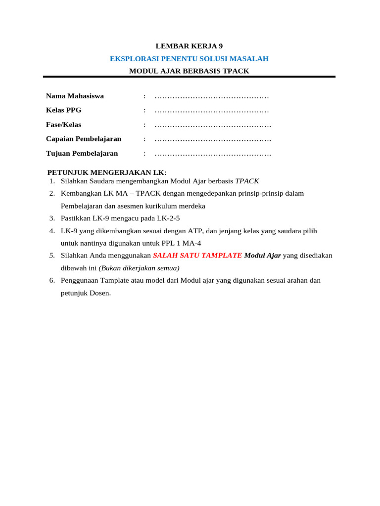 LK 9 - Penyusunan Modul Ajar TPACK - K2 | PDF