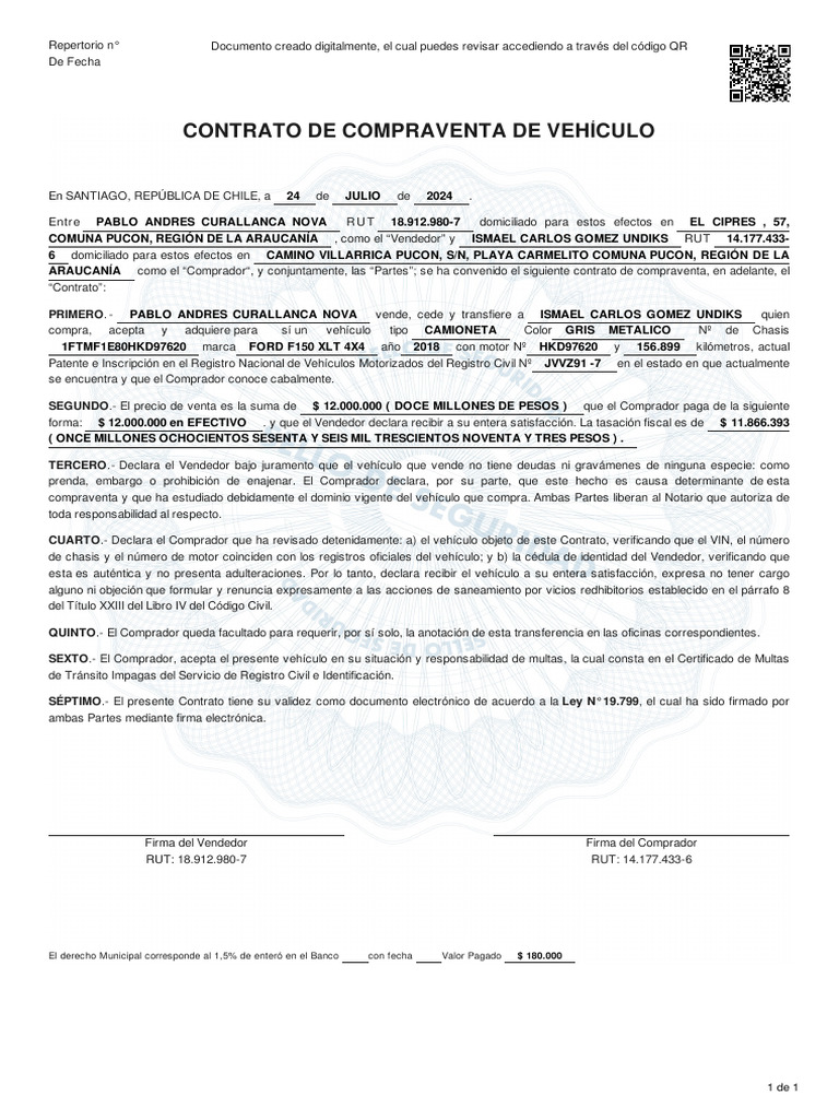 Contrato Compra Venta Vehiculo Chile | PDF