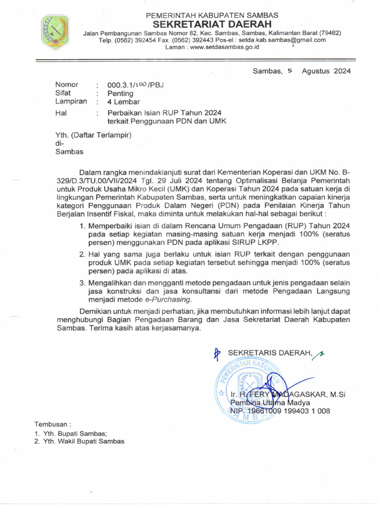 Surat Perbaikan Isian RUP Tahun 2024 Terkait Penggunaan PDN Dan UMK. | PDF