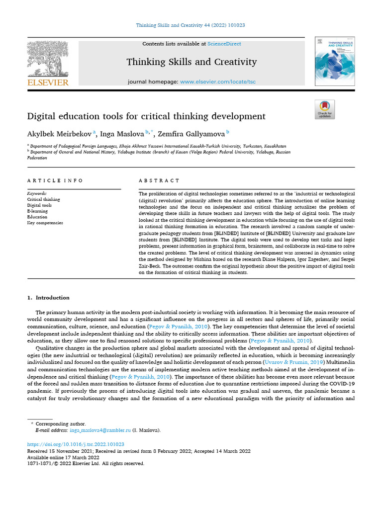 Digital Education Tools For Critical Thinkin Development | PDF
