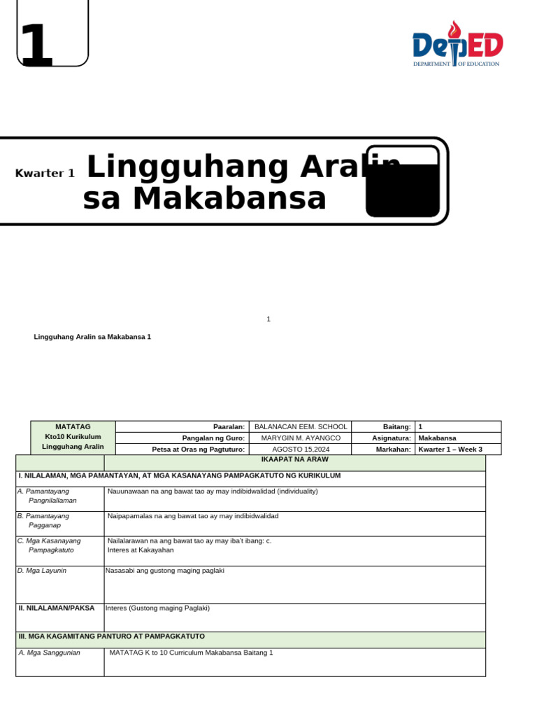 (Revised) - LE - Makabansa 1 - Q1 - Week 3 - D4 | PDF