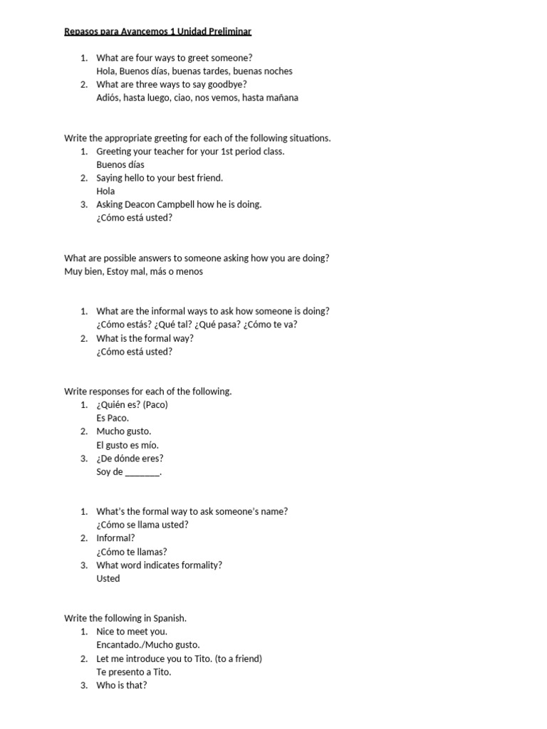 Repasos para Avancemos 1 Unidad Preliminar | PDF