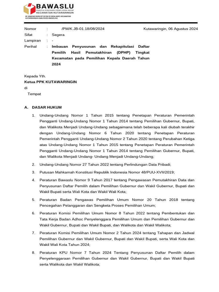 Himbauan Rekap DPHP Kecamatan 1 | PDF