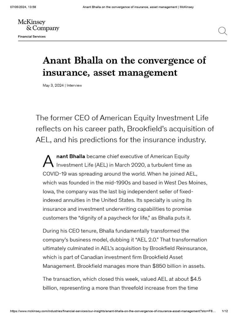 Anant Bhalla On The Convergence of Insurance, Asset Management - McKinsey | PDF | Insurance | Credit