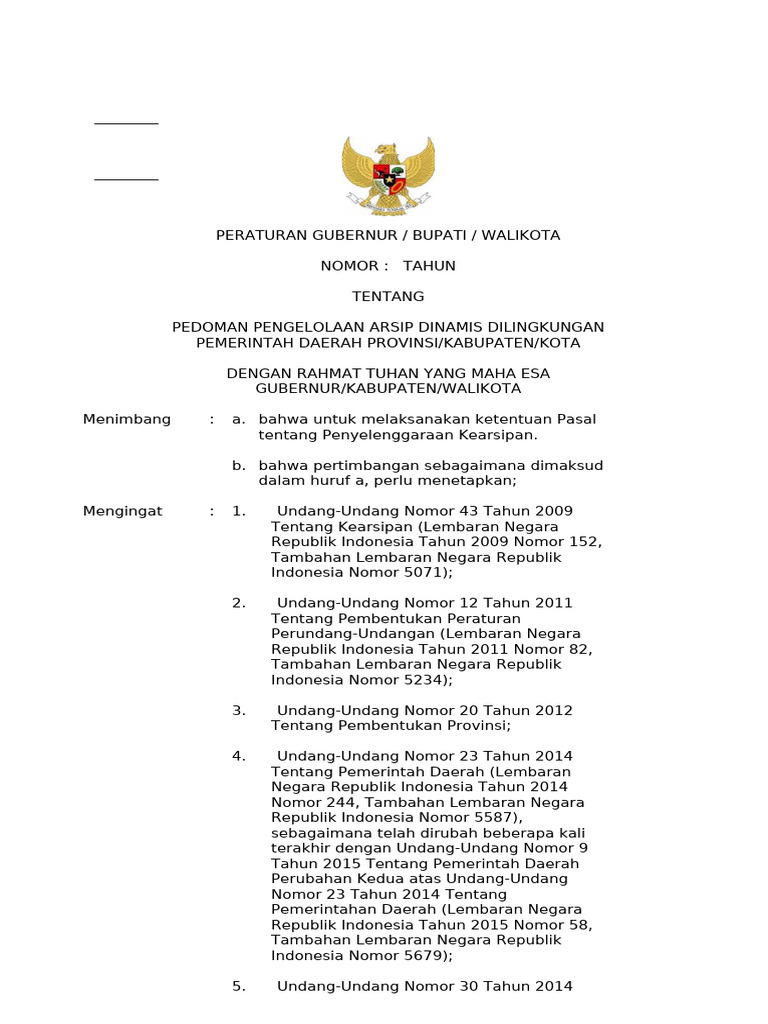 3a. Template Pergub - Perwako - Perbup Tenta Penglolaan Arsip Dinamis | PDF