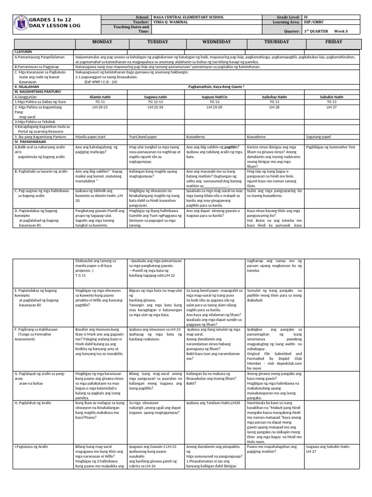 DLL - GMRC 4 - Q1 - W3 | PDF