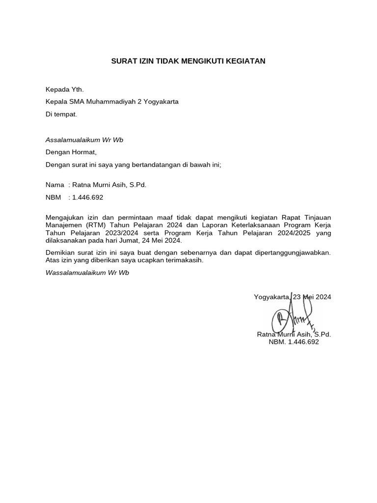 Surat Izin Tidak Mengikuti Kegiatan | PDF