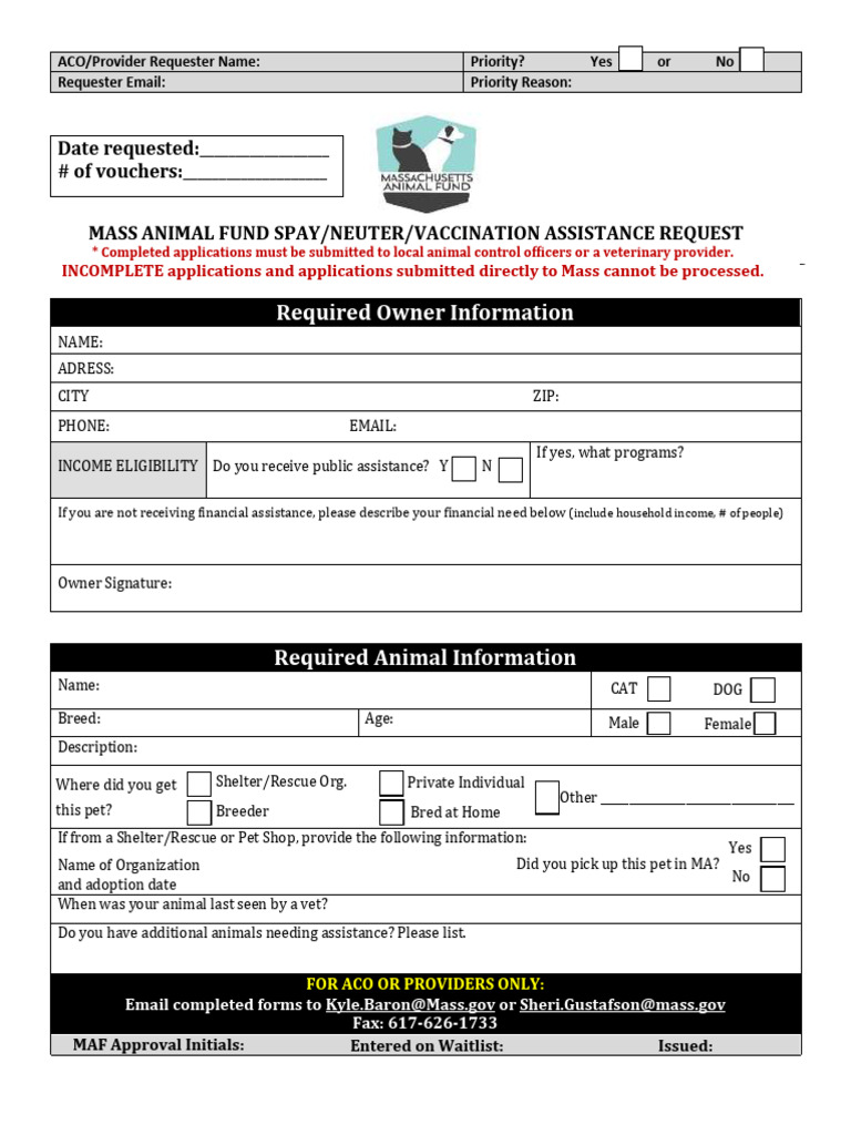 Spay/Neuter Assistance Request Form | PDF | Subspecies Of Canis Lupus ...