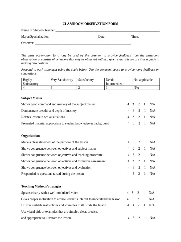 Classroom Observation Form | PDF